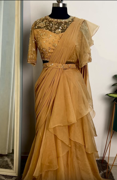 Golden Caramel Pre-Draped Organza Saree Set – Dajwaree