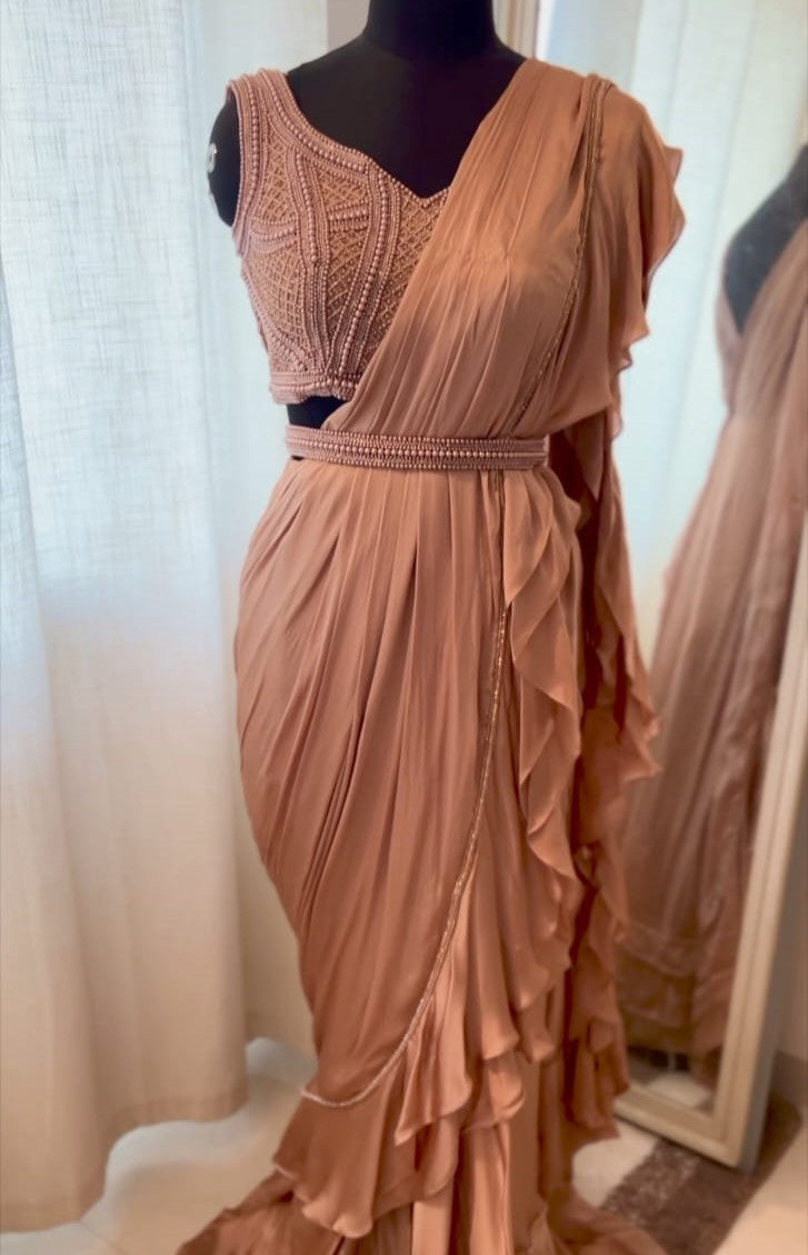 Terracotta Pre-Draped Saree – Dajwaree